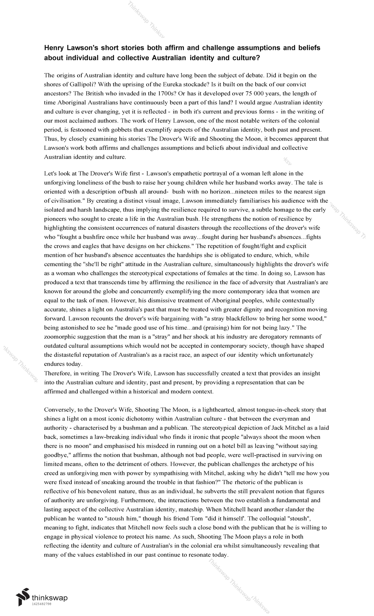 Lawson Speech - thinkswap 1625482798 Henry Lawson's short stories both ...