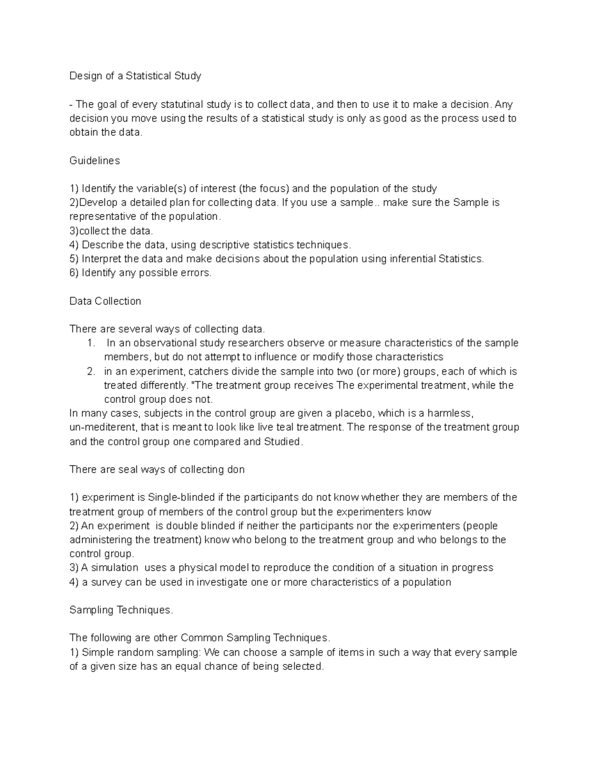 Statistics and probability notes lecture 2 - Design of a Statistical ...