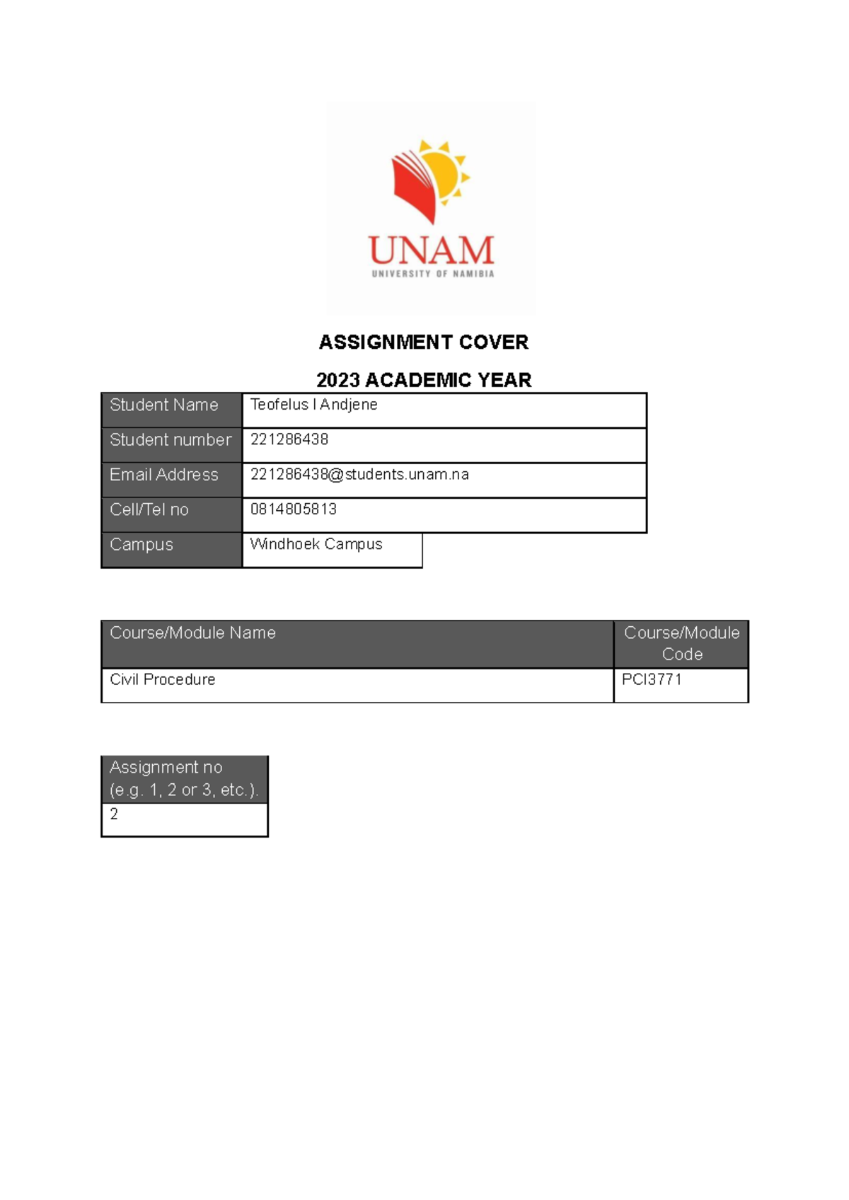 Answered assignment - ASSIGNMENT COVER 2023 ACADEMIC YEAR Student Name ...