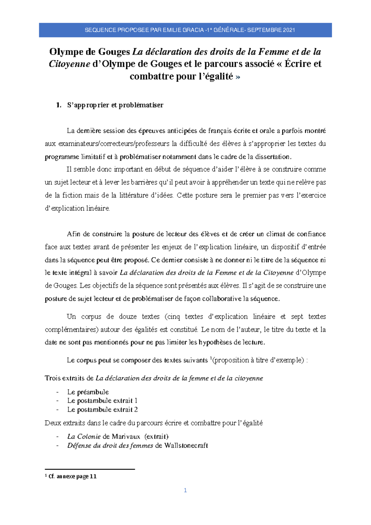 Séquence Olympe de Gouges − Emilie Gracia - Olympe de Gouges La déclaration des droits de la ...