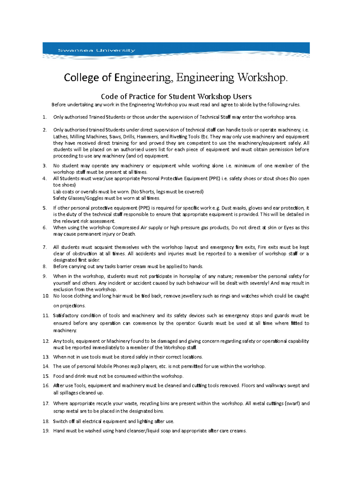 engineering workshop safety code - College of Engineering, Engineering ...