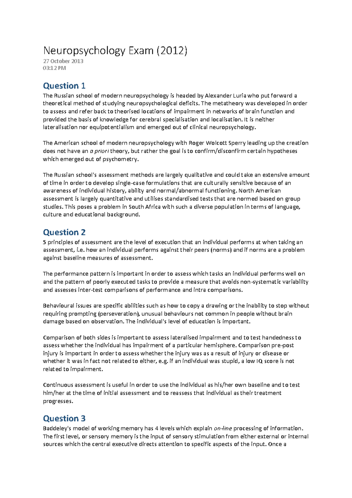 Neuropsychology Exam - This is for the exam. - Neuropsychology Exam ...