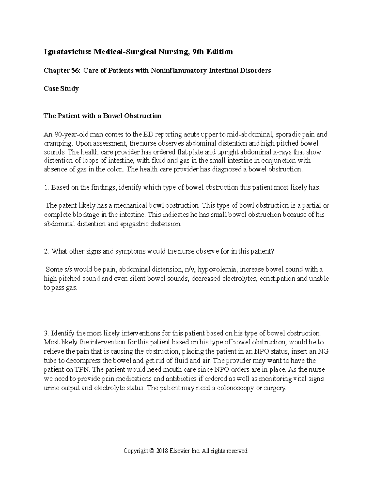 Ch 56 - Elsevier Case study ch 56 - Ignatavicius: Medical-Surgical ...