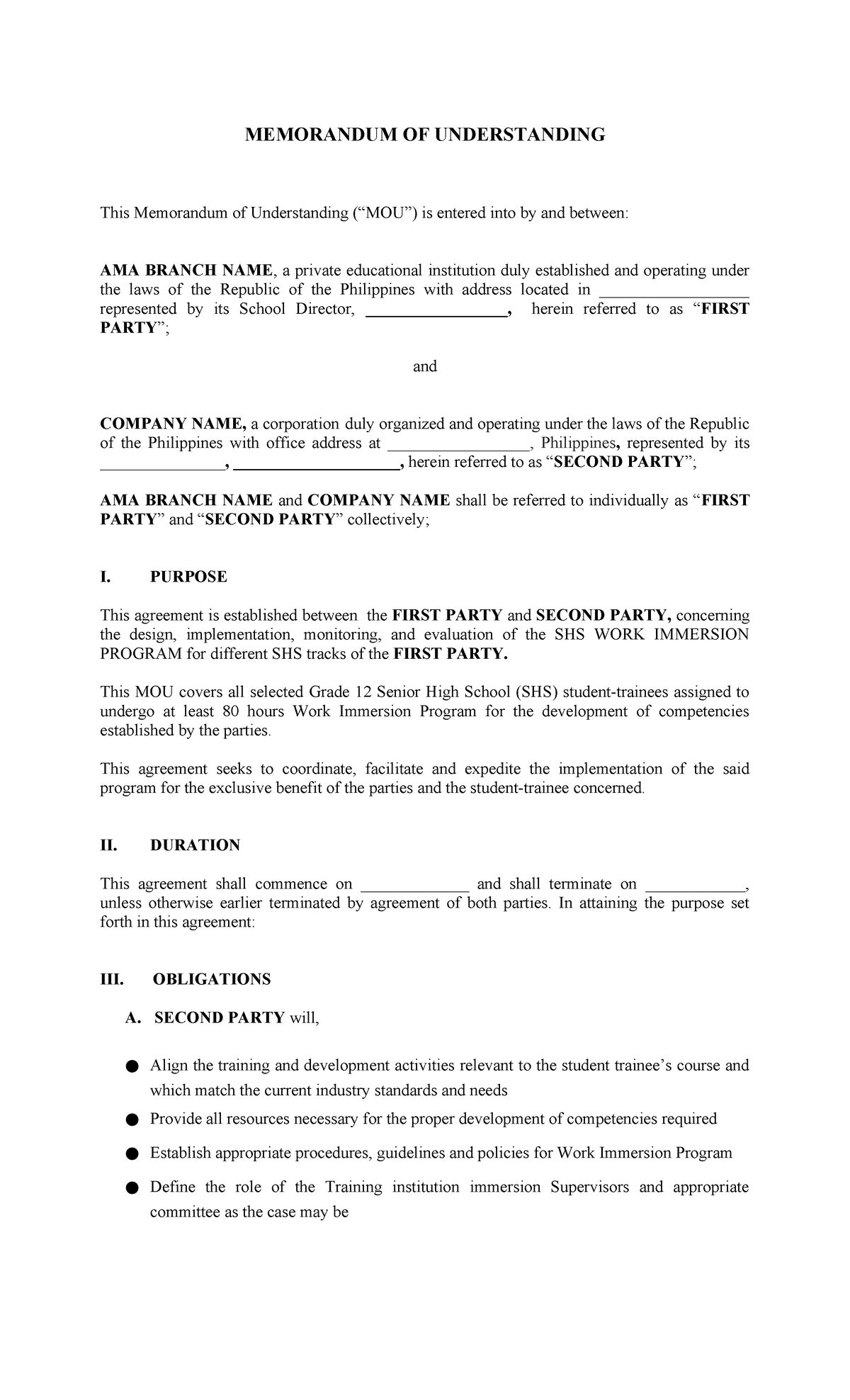 Shswi MOU Template 2023 - MEMORANDUM OF UNDERSTANDING This Memorandum ...
