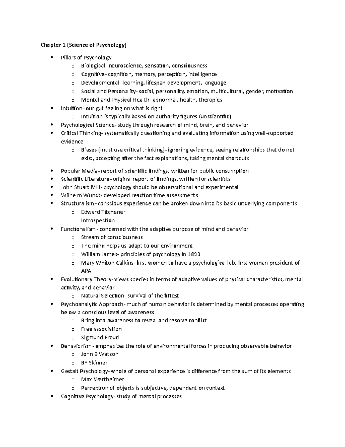 Intro Psych Lecture Notes - Chapter 1 (Science of Psychology) Pillars ...