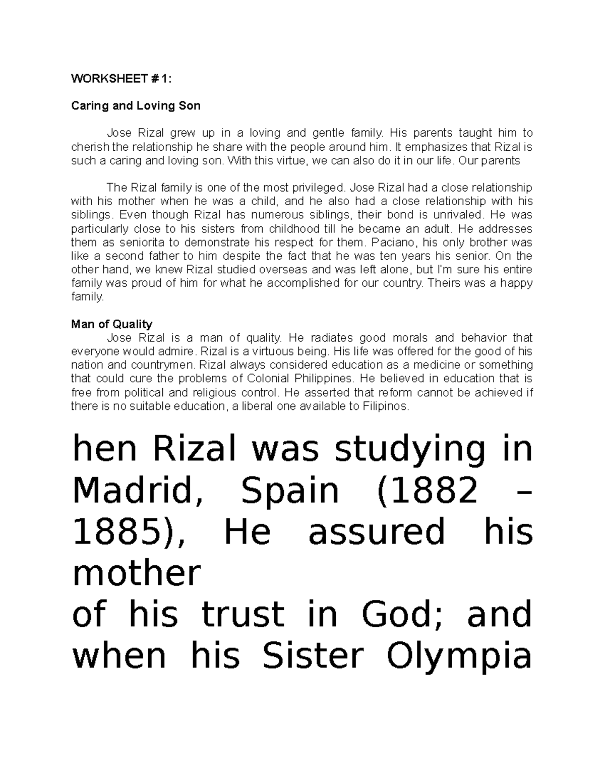 Rizal - WORKSHEET # 1: Caring and Loving Son cherish the relationship ...