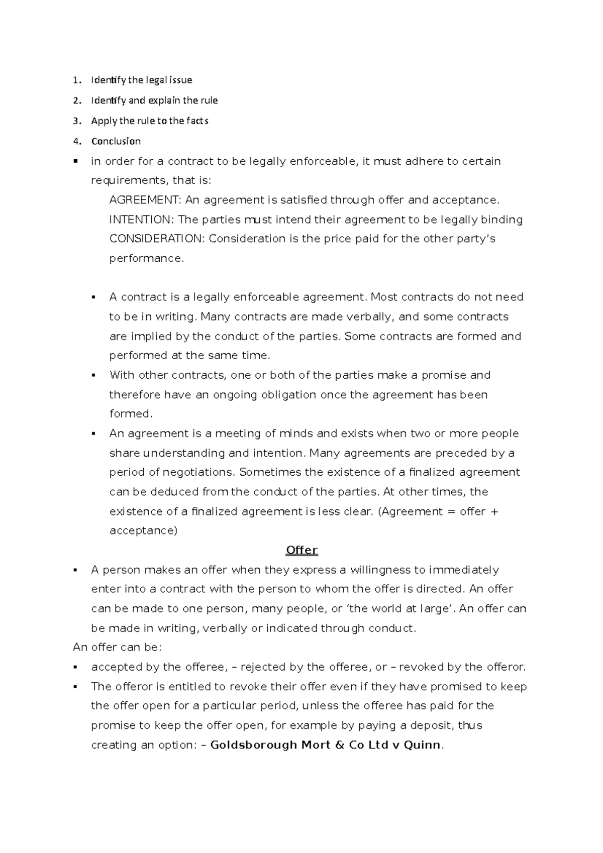 Contracts general Test Notes - 1. Identify the legal issue 2. Identify ...