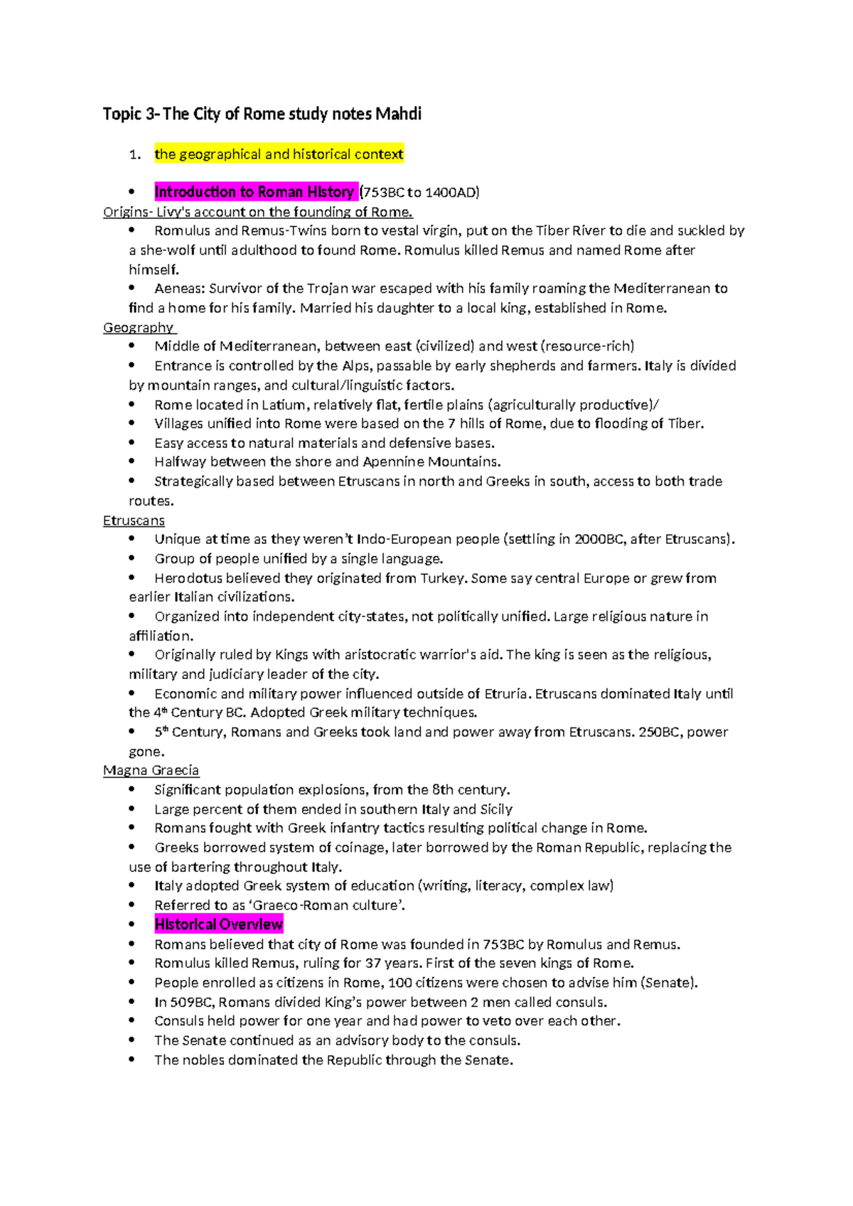 Ancient rome notes - Topic 3- The City of Rome study notes Mahdi 1. the ...