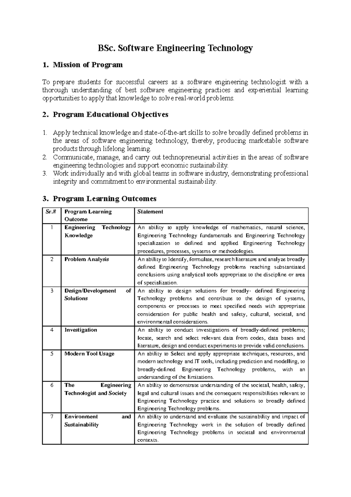 CLOs with PLOs - BSc. Software Engineering Technology 1. Mission of ...