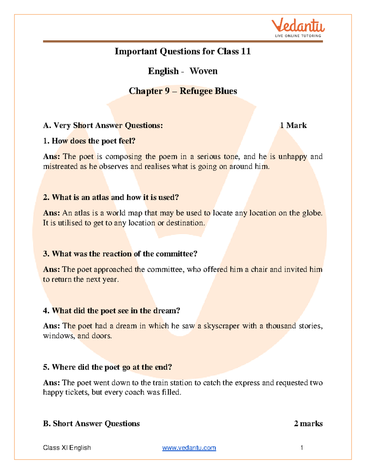 Important questions class 11 english woven words chapter 9 poem ...