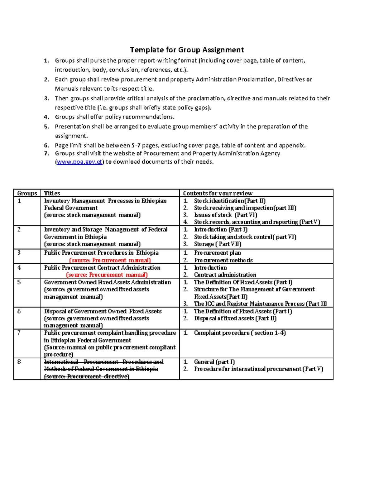 Group assignment - Materials Management - Template for Group Assignment 1. Groups shall purse ...