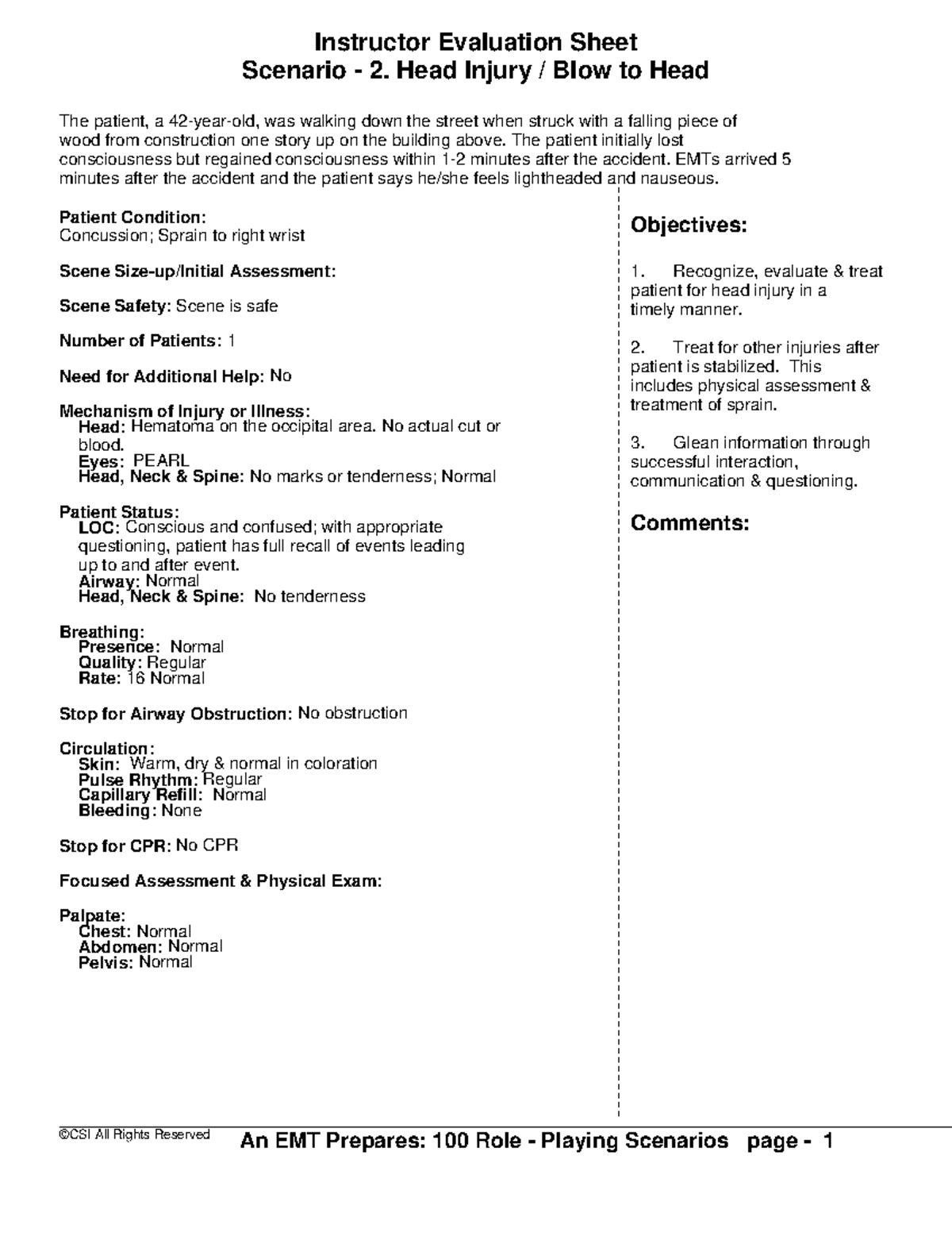2. Head Injury - Blow to Head - Instructor Evaluation Sheet Scenario ...