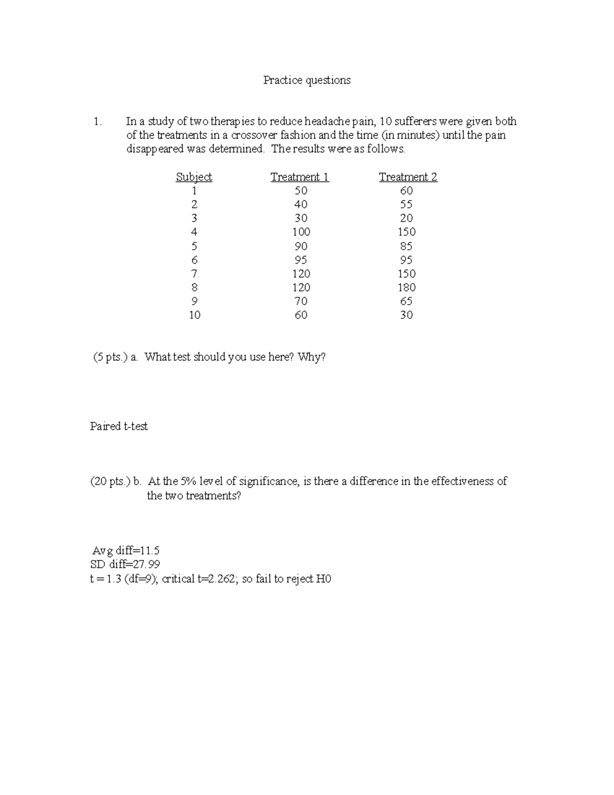 Biostatistics 100A practice questions for final - Practice questions In a study of two therapies ...