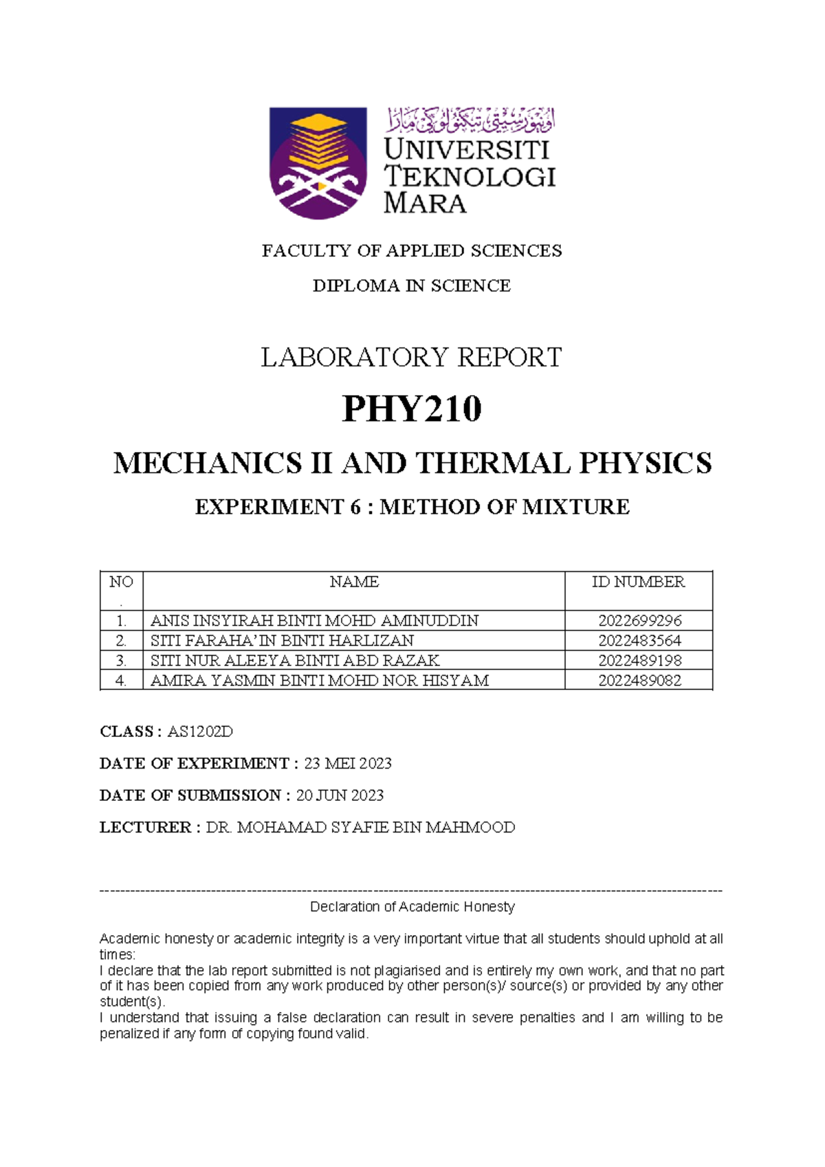 Lab rep exp 5 - FACULTY OF APPLIED SCIENCES DIPLOMA IN SCIENCE LABORATORY REPORT PHY MECHANICS ...