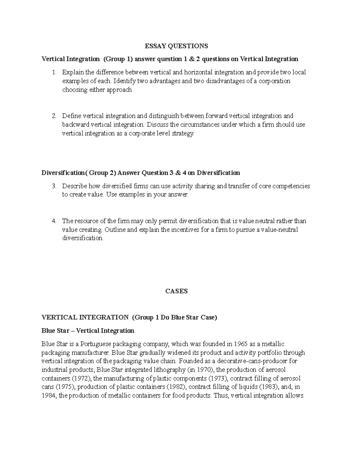 Practise Questions for Test 2 - ESSAY QUESTIONS Vertical Integration ...