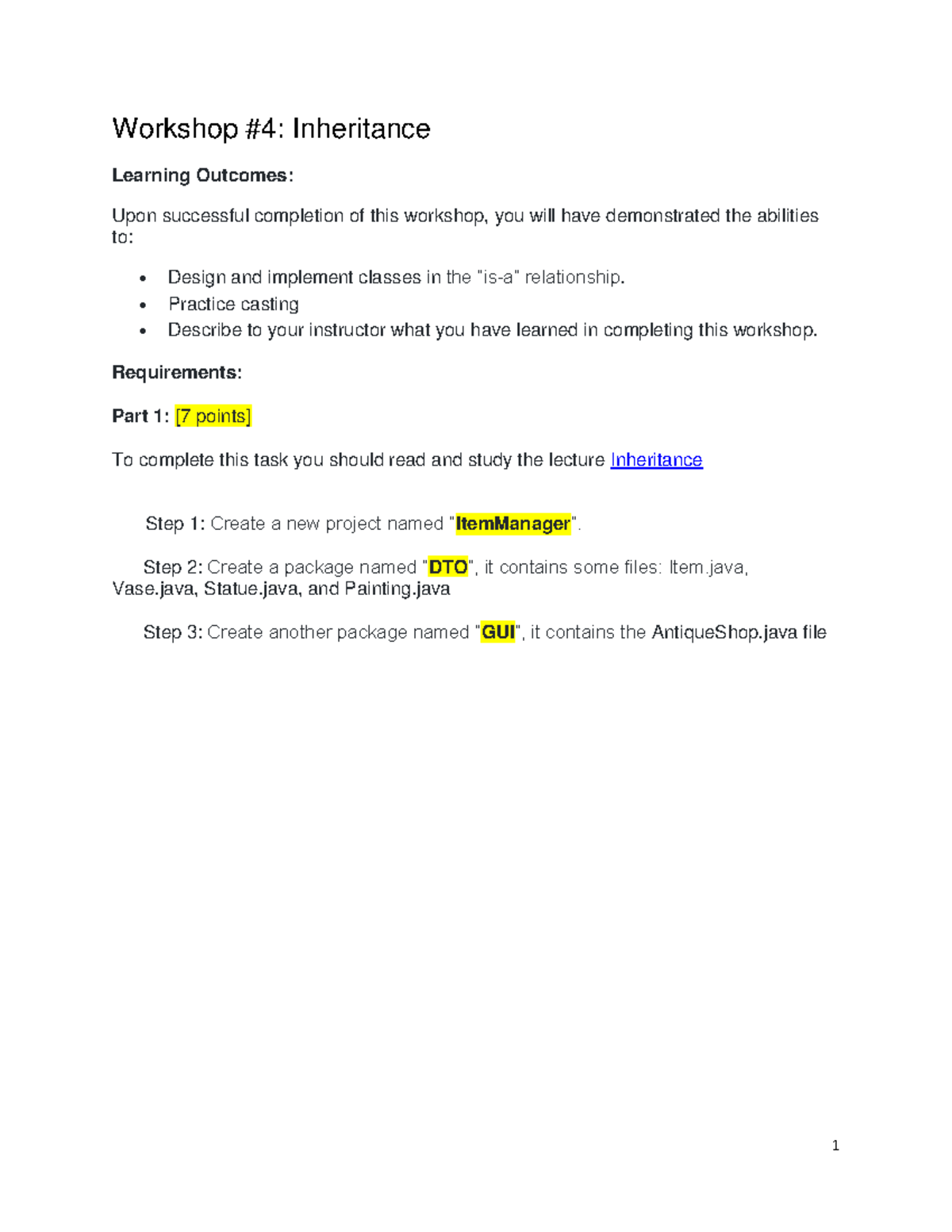 Workshop 4 - 1r4 f - Workshop #4: Inheritance Learning Outcomes: Upon ...