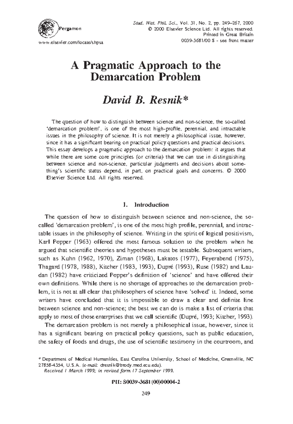 Resnik on demarcation - Stud. Hist. Phil. Sci., Vol. 31, No. 2, pp. 249 ...
