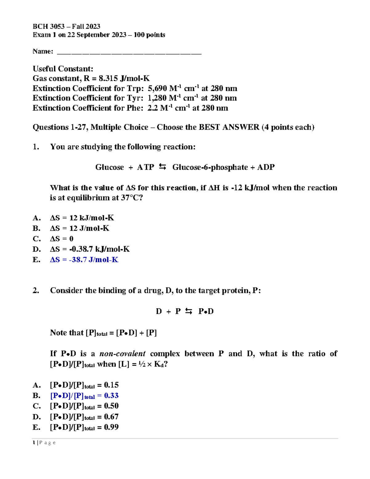 BCH 3053 Exam 1 Answer Key Fall 2023 - Exam 1 on 22 September 2023 – 100 points Name: - Studocu