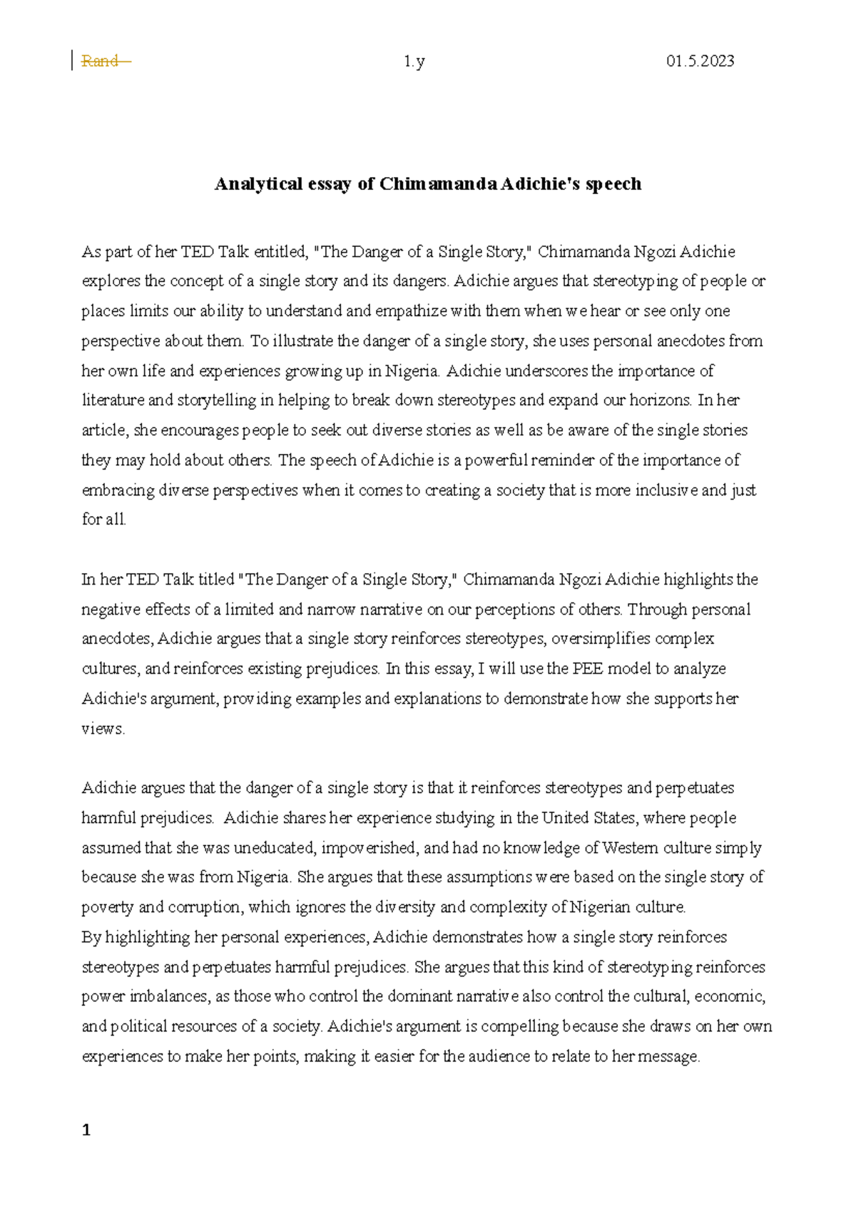 Analytical essay of Chimamanda Adichie speech - Adichie argues that ...