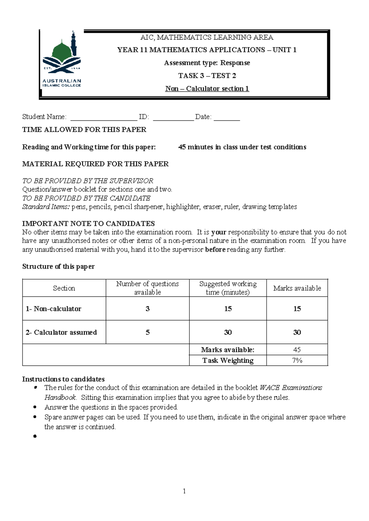 Test 2 Yr11 Applications non calc - AIC, MATHEMATICS LEARNING AREA YEAR ...