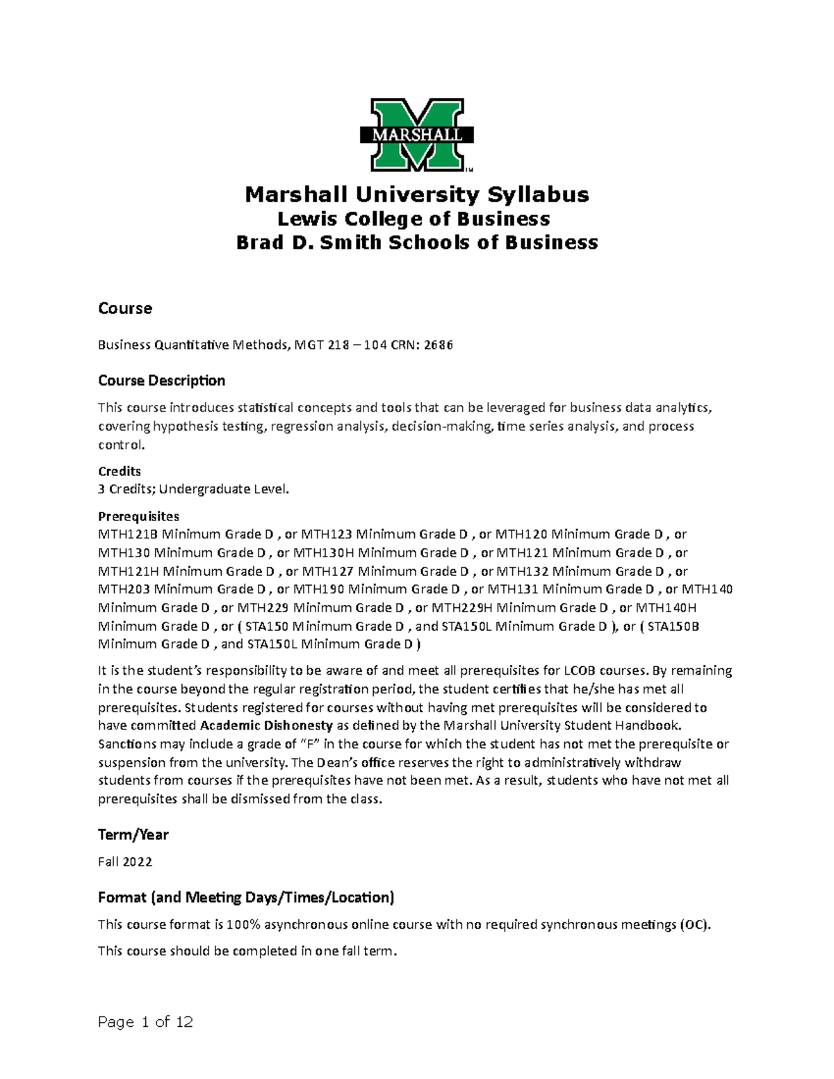 Marshall LCOB MGT 218 Business Quantitative Methods Online(17 ...