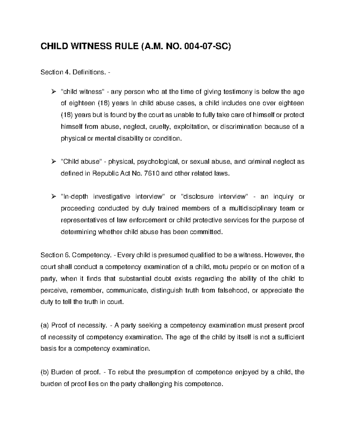 Child Witness RULE - Criminal Procedure - CHILD WITNESS RULE (A. NO ...