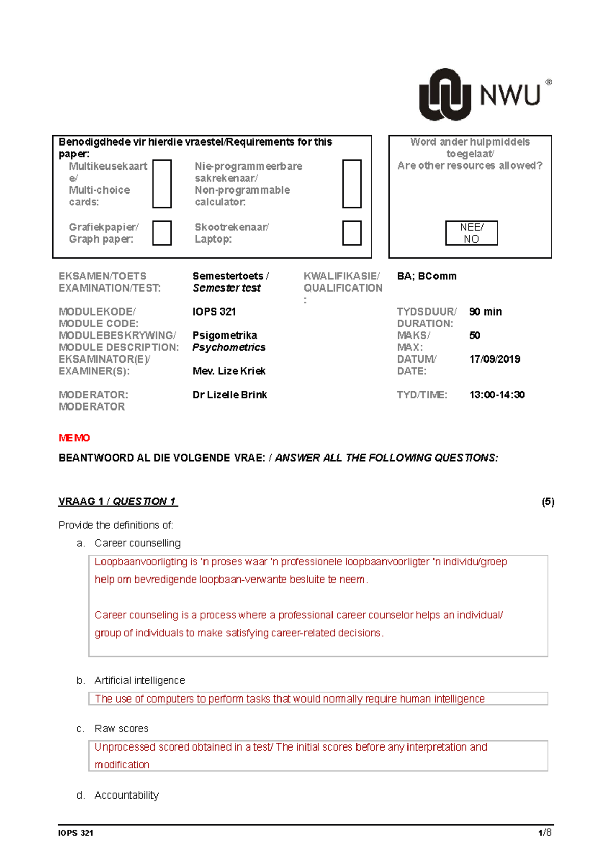 Semester Memo 1 - Memo - Benodigdhede vir hierdie vraestel/Requirements ...