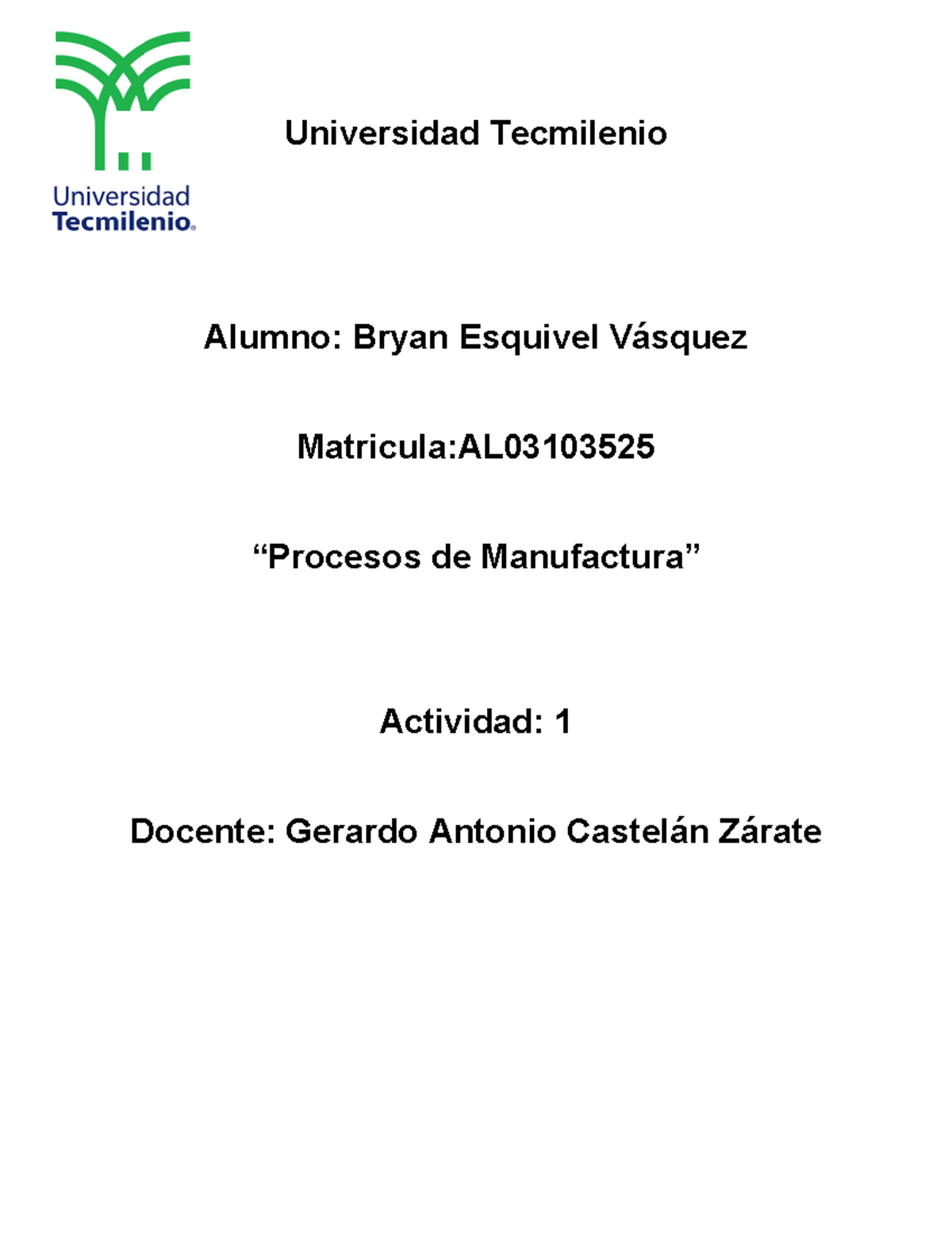 Act.1 Bryan Esquivel - EJERCICIO 1 MANUFACTURA - Universidad Tecmilenio Alumno: Bryan Esquivel ...