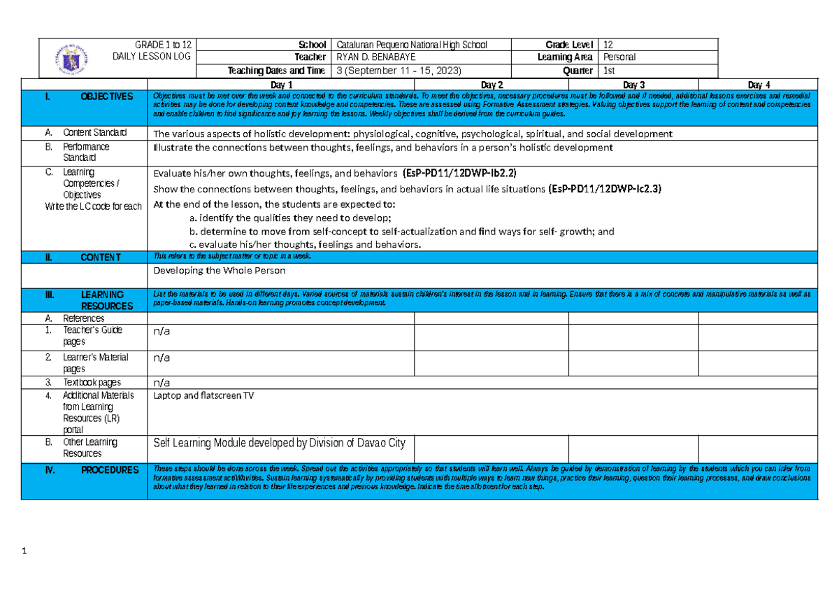 DLL Perdev WEEK 3 - personal development is a core subject under the ...