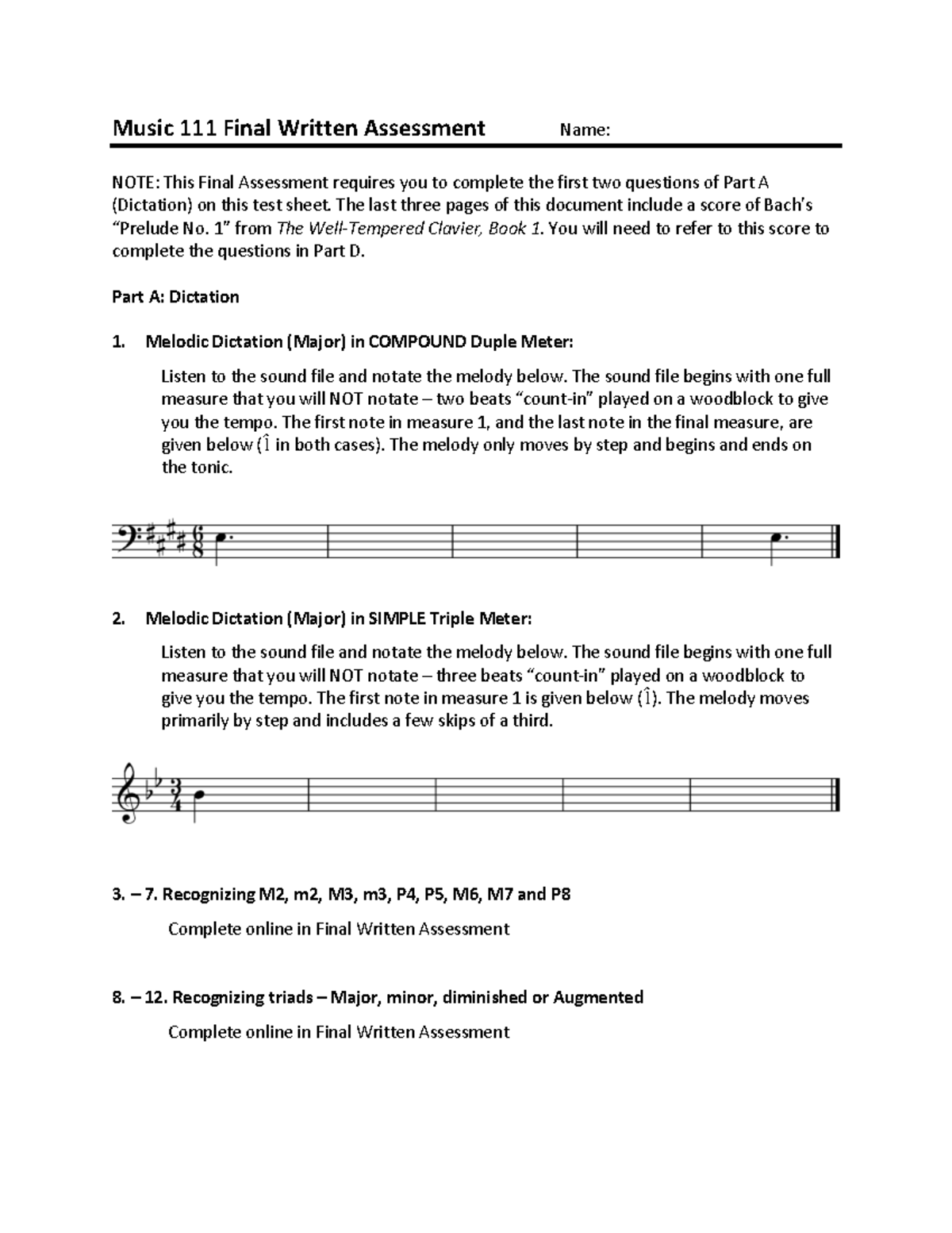 Music 111 Final Written Assessment - The last three pages of this ...