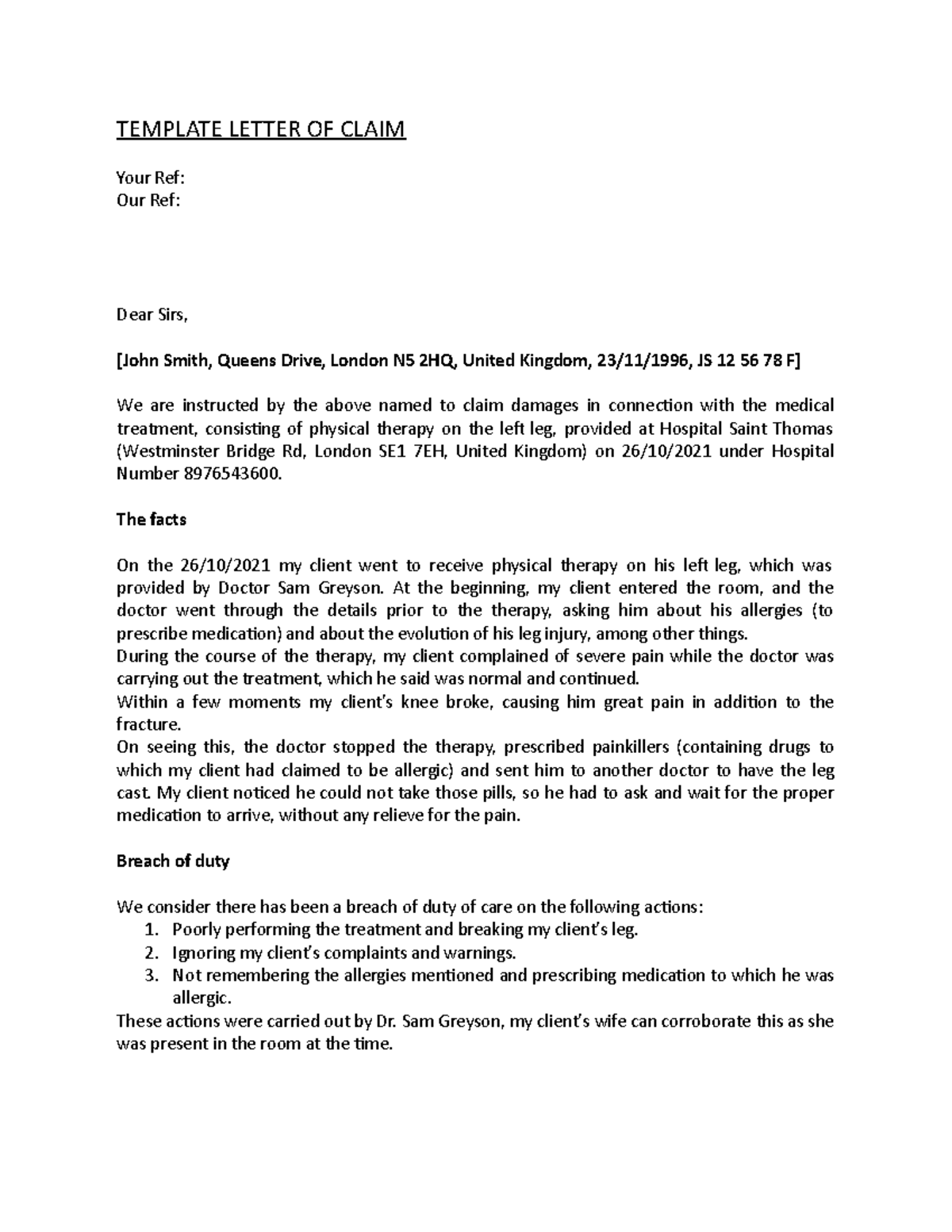Templateletterofclaim Clinical Negligence - TEMPLATE LETTER OF CLAIM ...