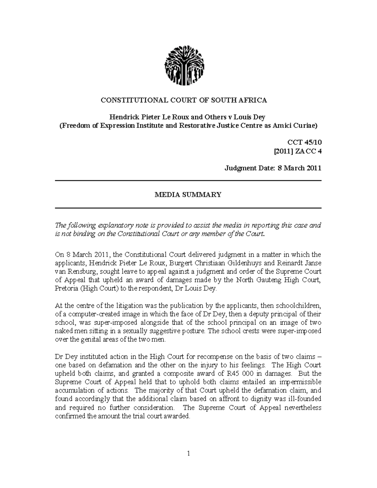 4media case summary of le roux v dey - CONSTITUTIONAL COURT OF SOUTH ...