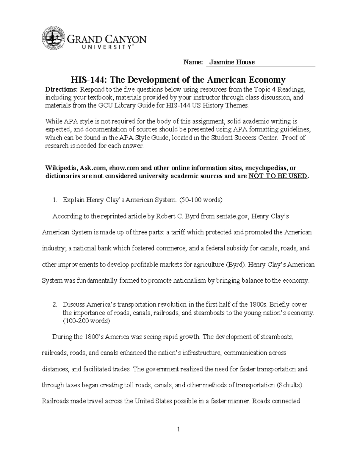 HIS-144-RS-Development of the American Economy Worksheet - Name ...