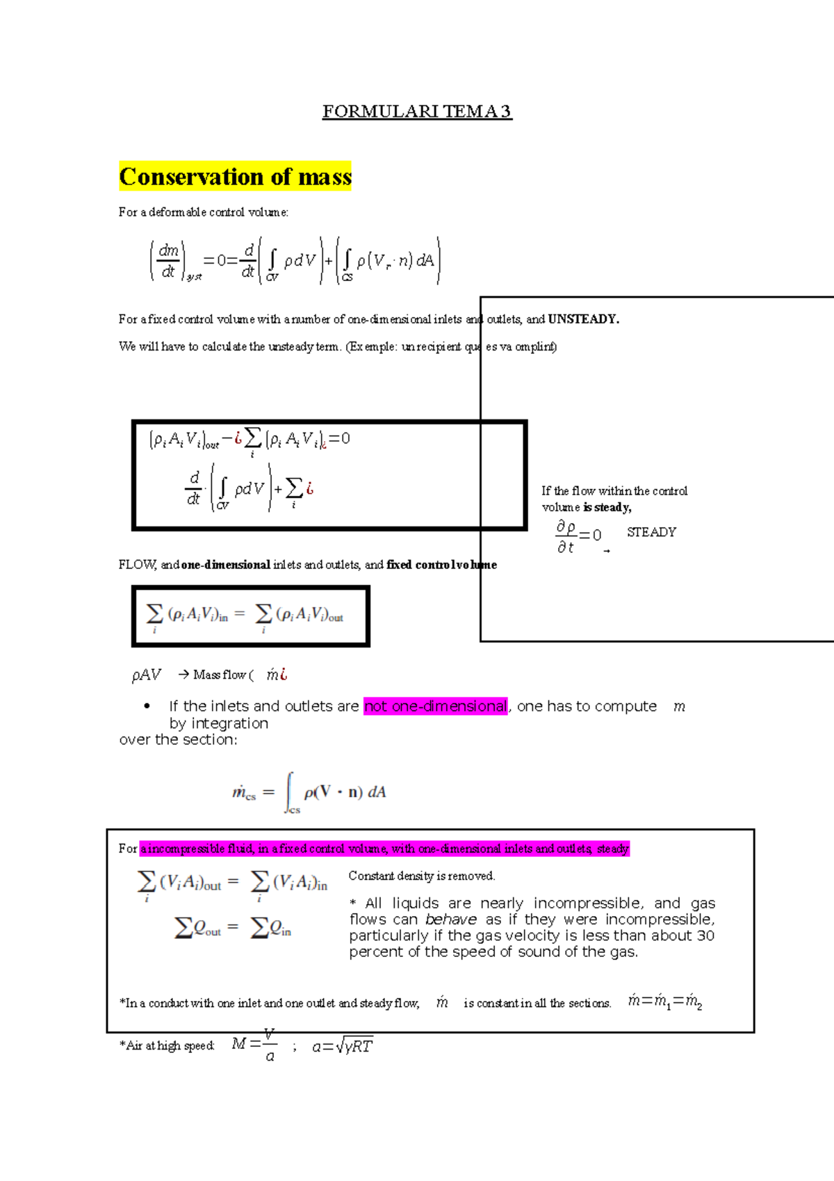 Formulario TEMA 3 - FORMULARI TEMA 3 Conservation of mass For a ...