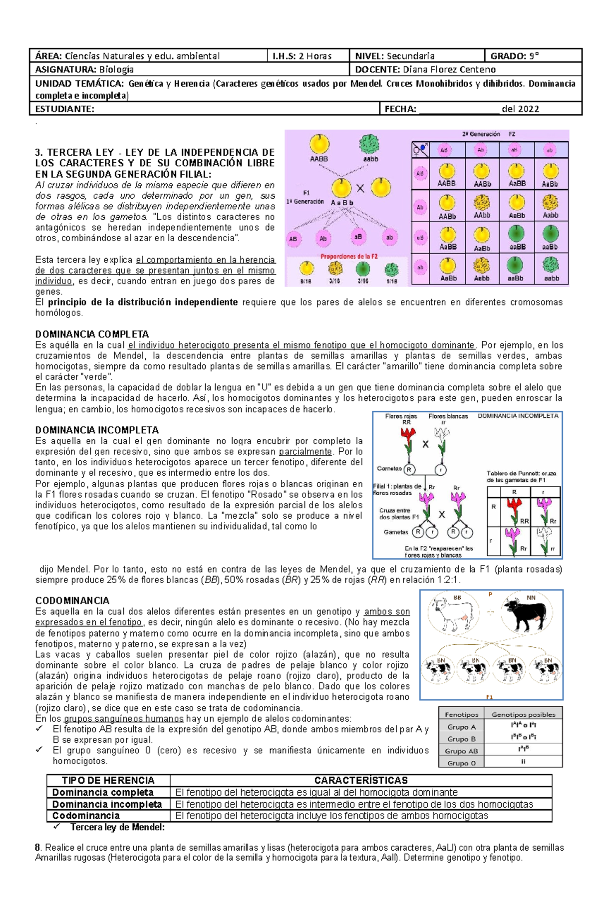Guía 2. Caracteres geneticos de Mendel. Cruces Semana 23 AL 26 Marzo ...