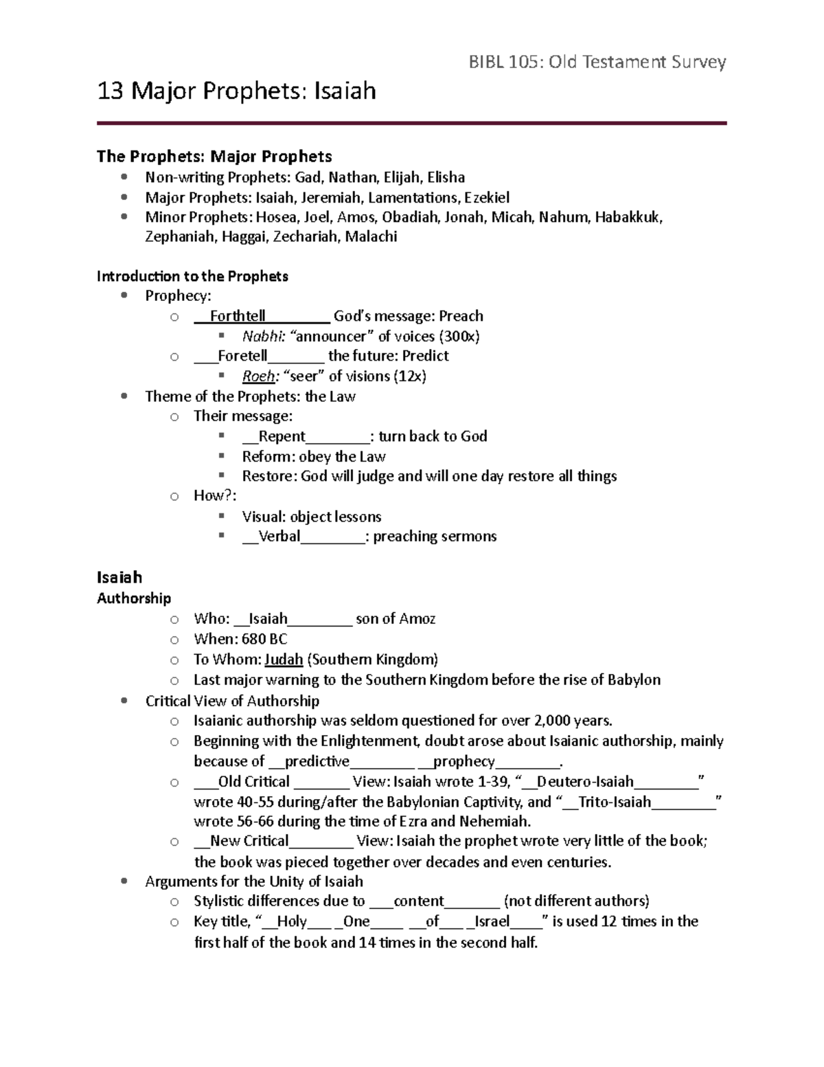 OT Notes 13 - BIBL 105: Old Testament Survey 13 Major Prophets: Isaiah ...