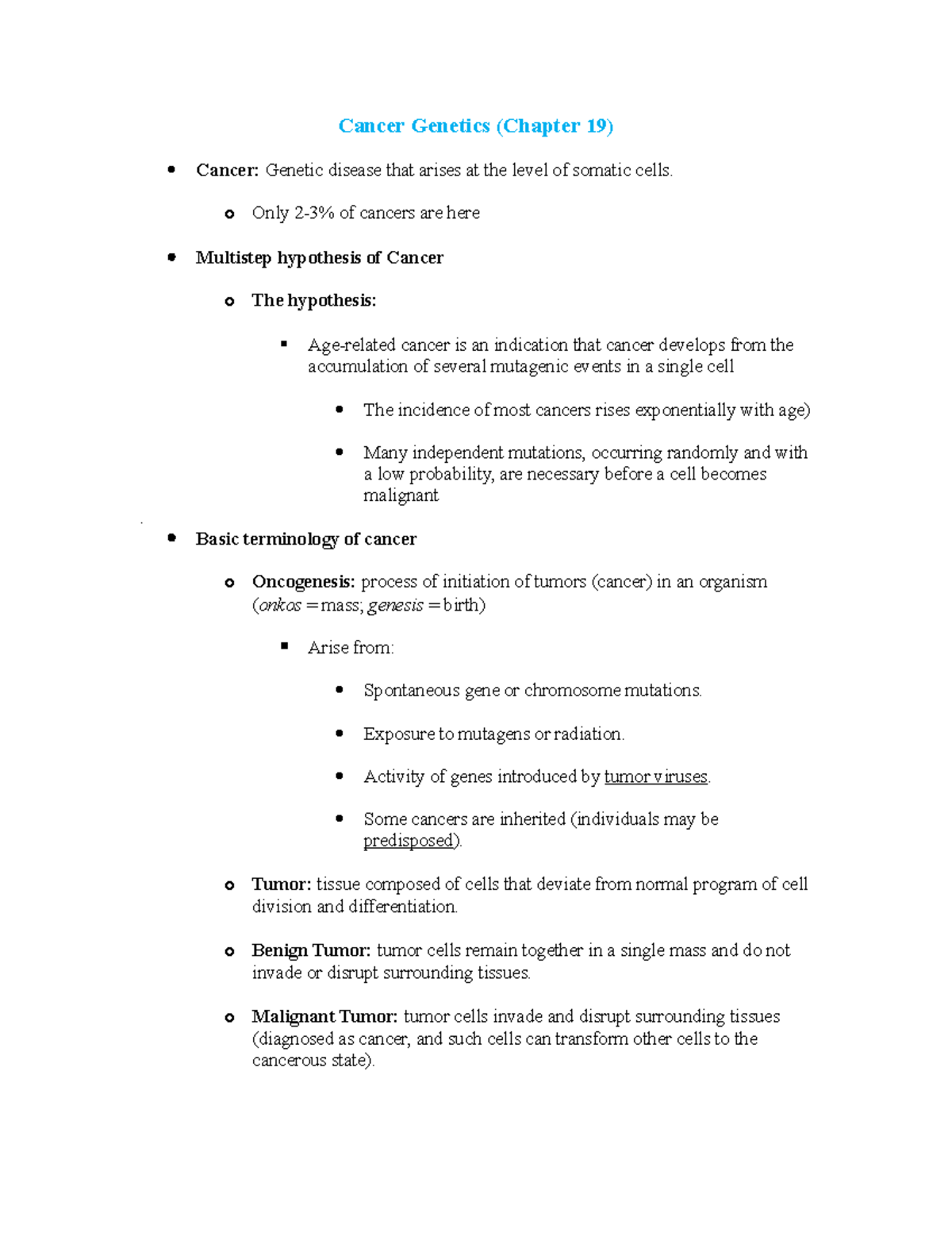 Genetics Final Exam Study Guide 1 - Cancer Genetics (Chapter 19) Cancer ...