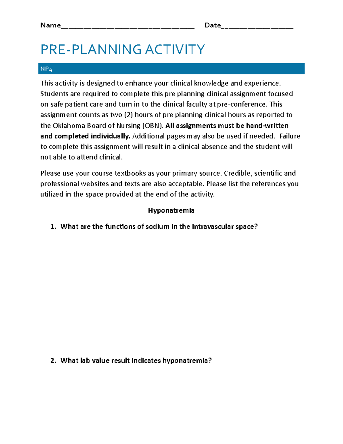 Pre Plan NP4 Hyponatremia F22 - Name ...