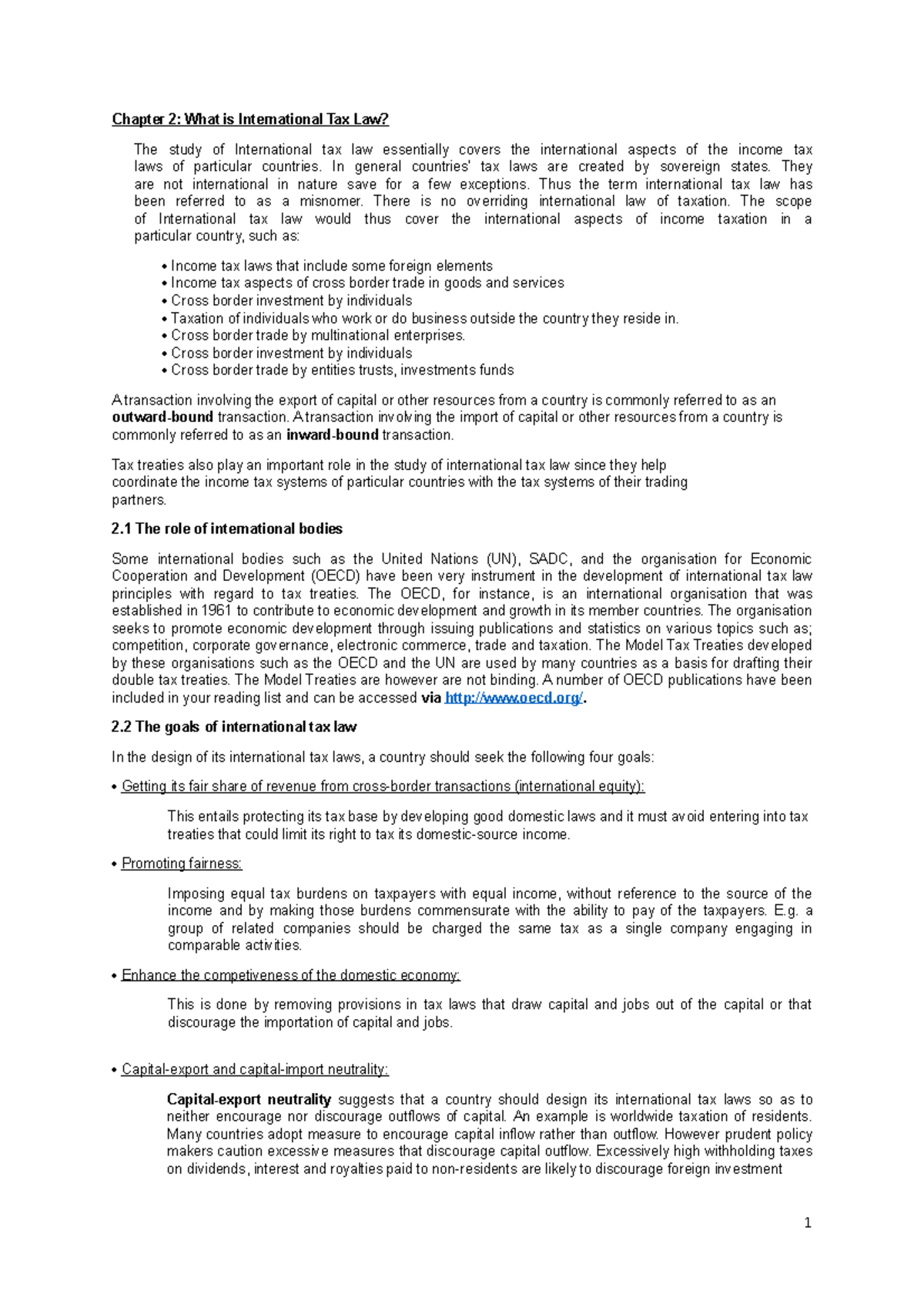 Chapter 3 and 4 Int Law - Chapter 2: What is International Tax Law? The ...
