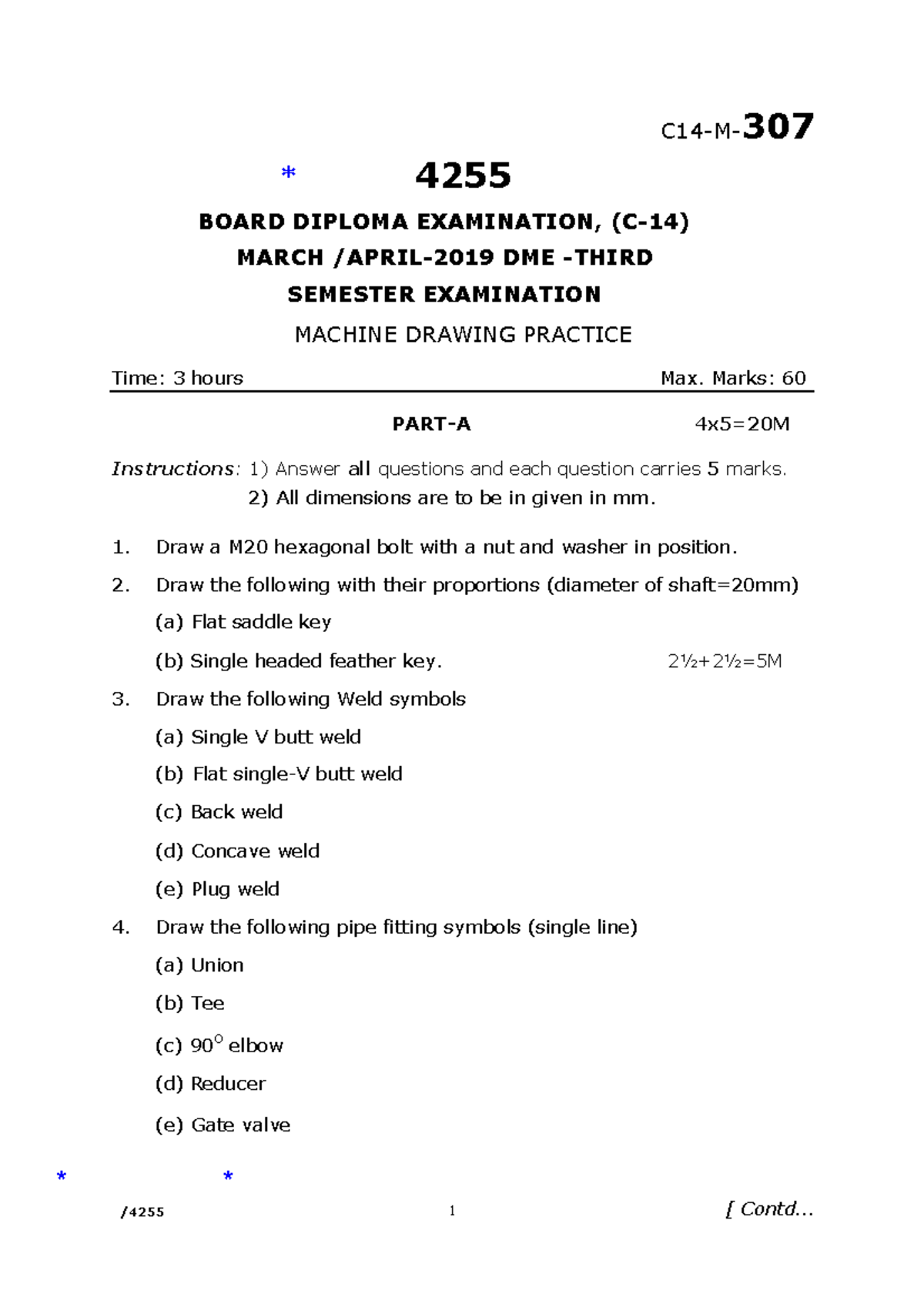 Me 3 sem machine drawing practice 4255 c 14 apr 2019 - C14-M- 307 * ...