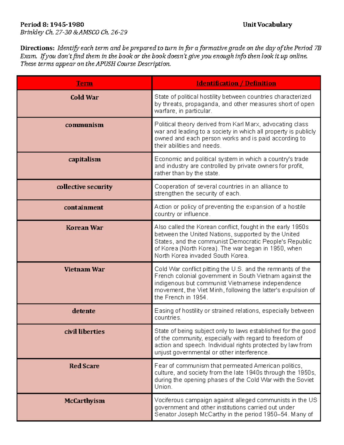 A. Period 8 (1945-1980) Vocabulary - Period 8: 1945-1980 Unit ...