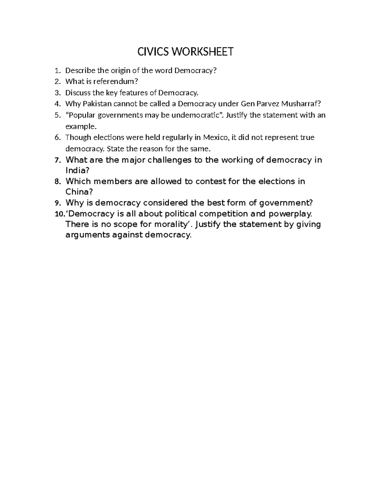Civics Worksheet Class 9 - CIVICS WORKSHEET Describe the origin of the ...