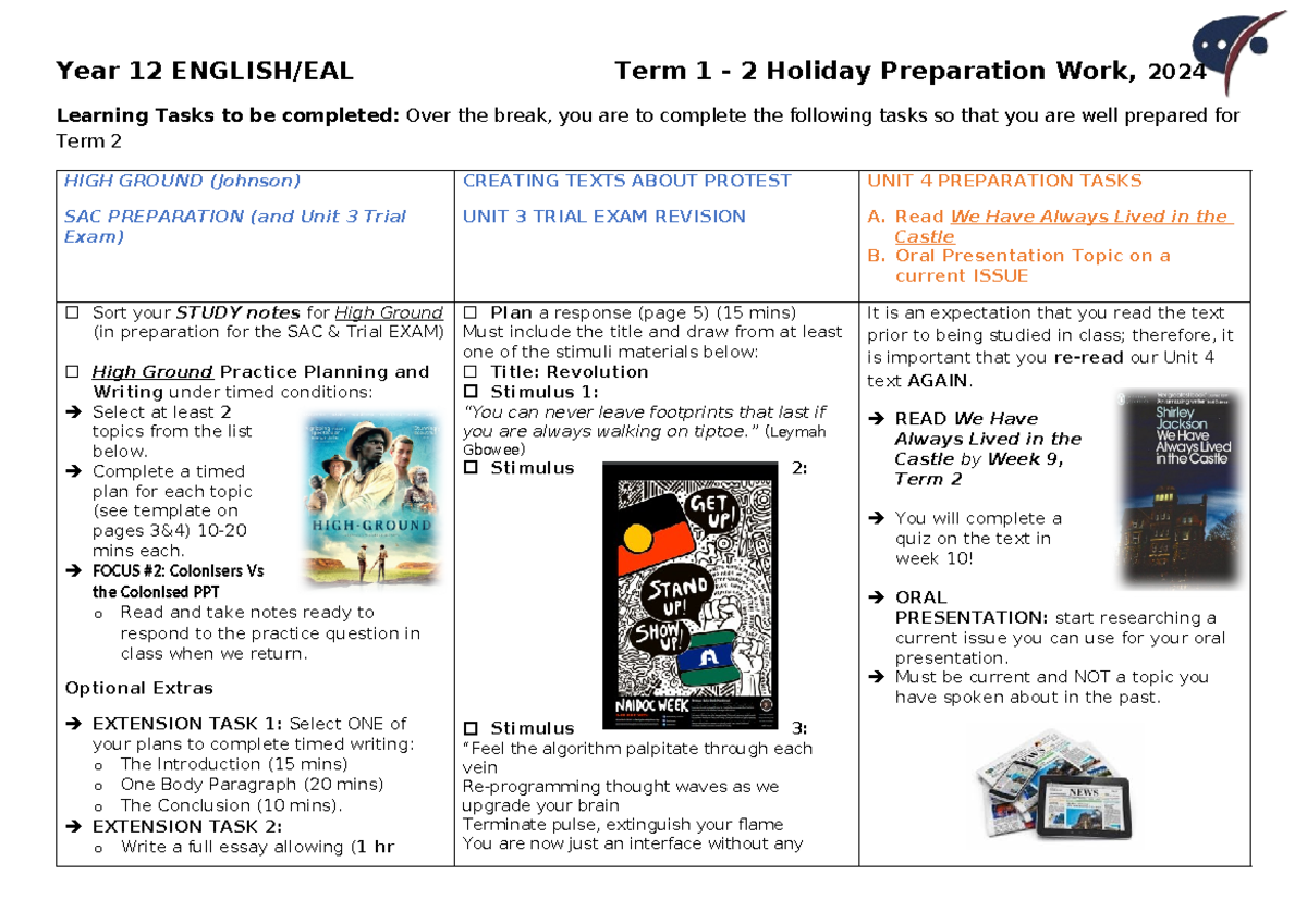 Yr 12 English Holiday Preparation Tasks Term 1 - 2 2024 (updated ...
