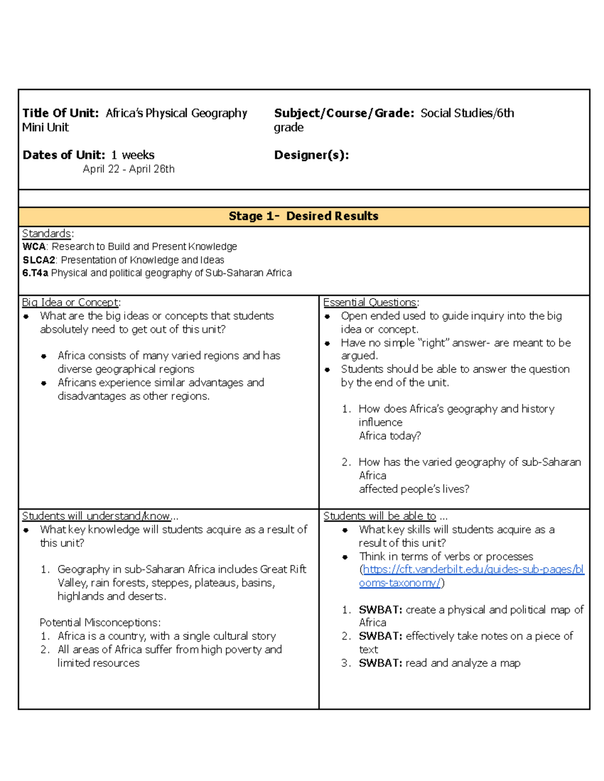Africa's Physical Geography Mini Unit Plan - Title Of Unit: Africa’s ...