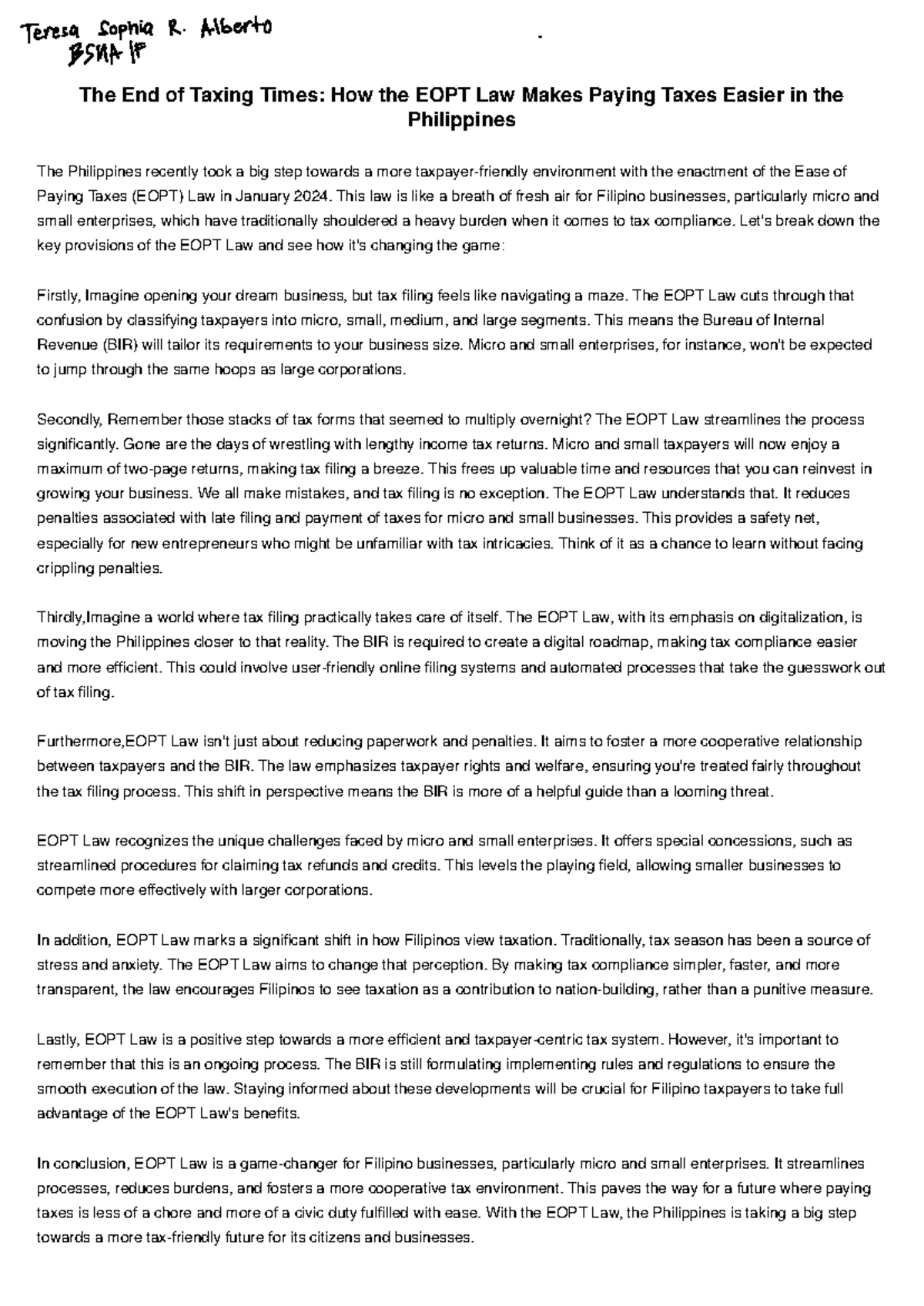 Alberto Teresa Sophia R - The End of Taxing Times: How the EOPT Law ...