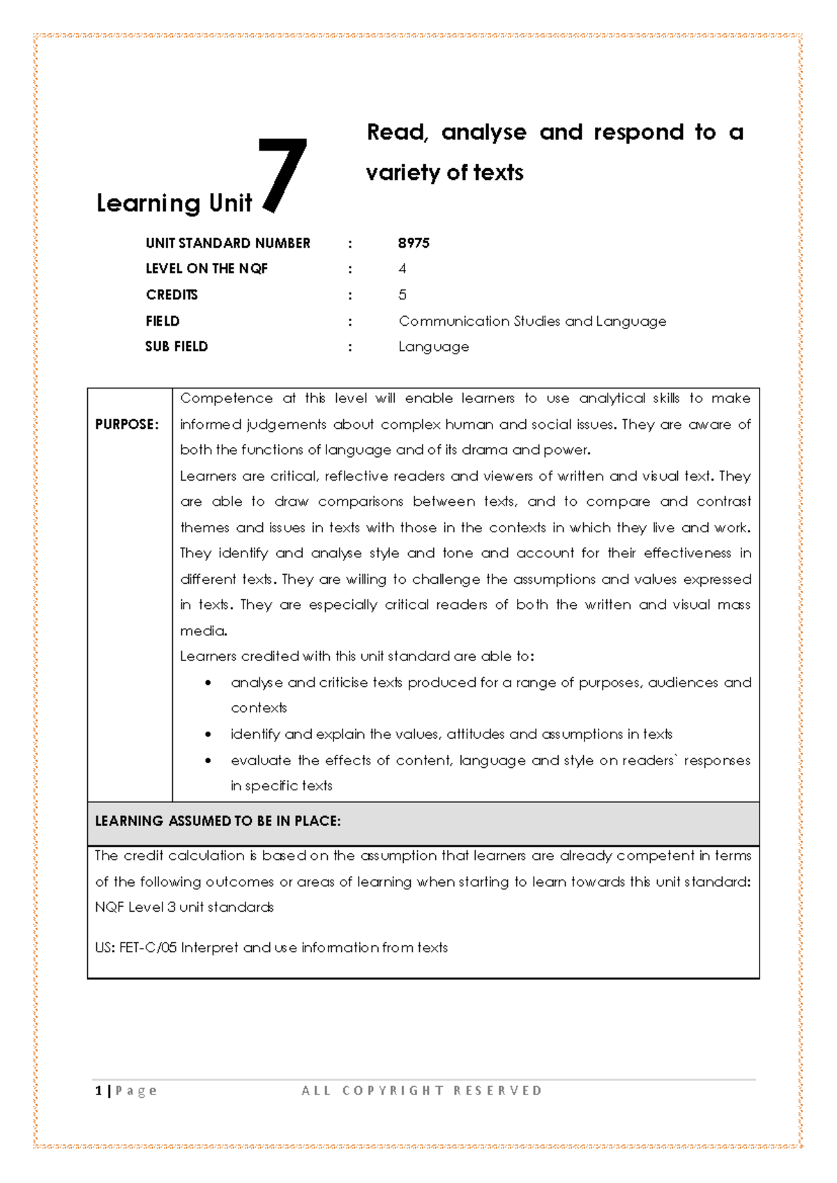 Read, analyse and respond to a variety of texts - Learning Unit 7 UNIT ...