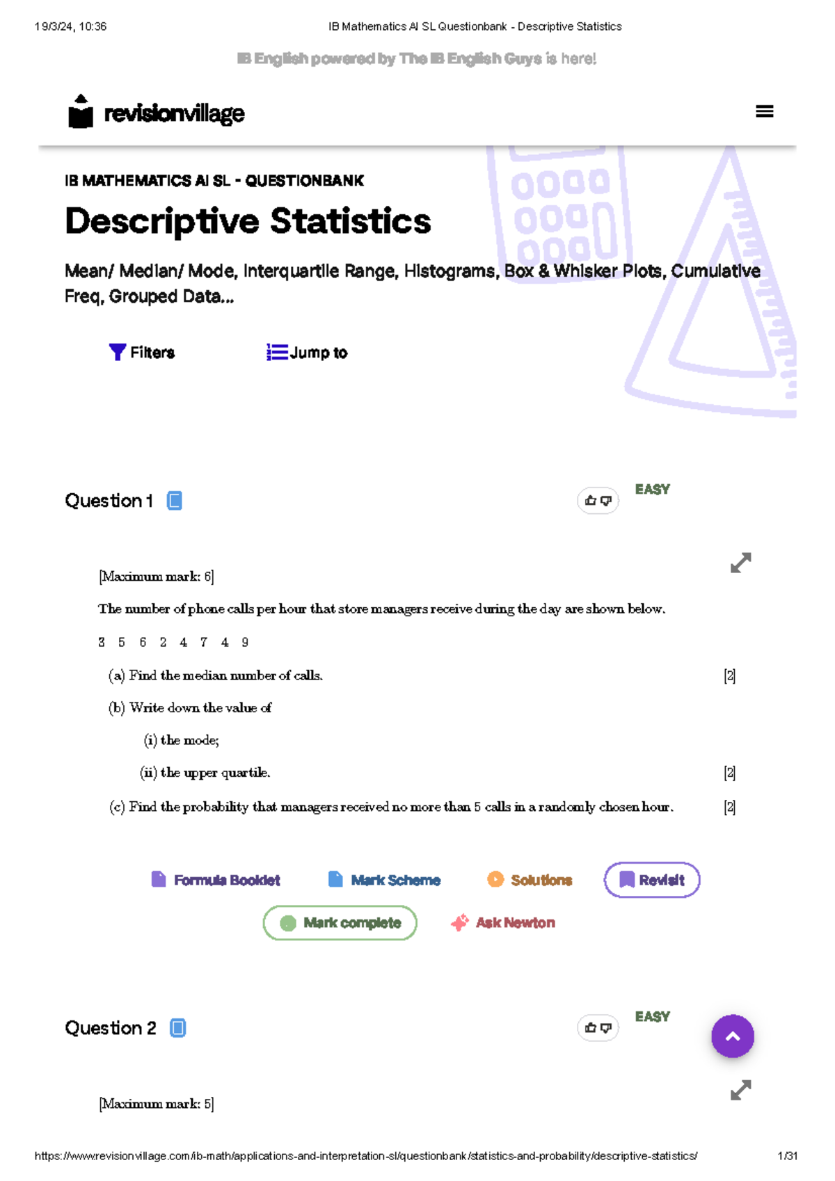 RV - Descriptive Statistics - Question 1 EASY Formula Booklet Mark ...