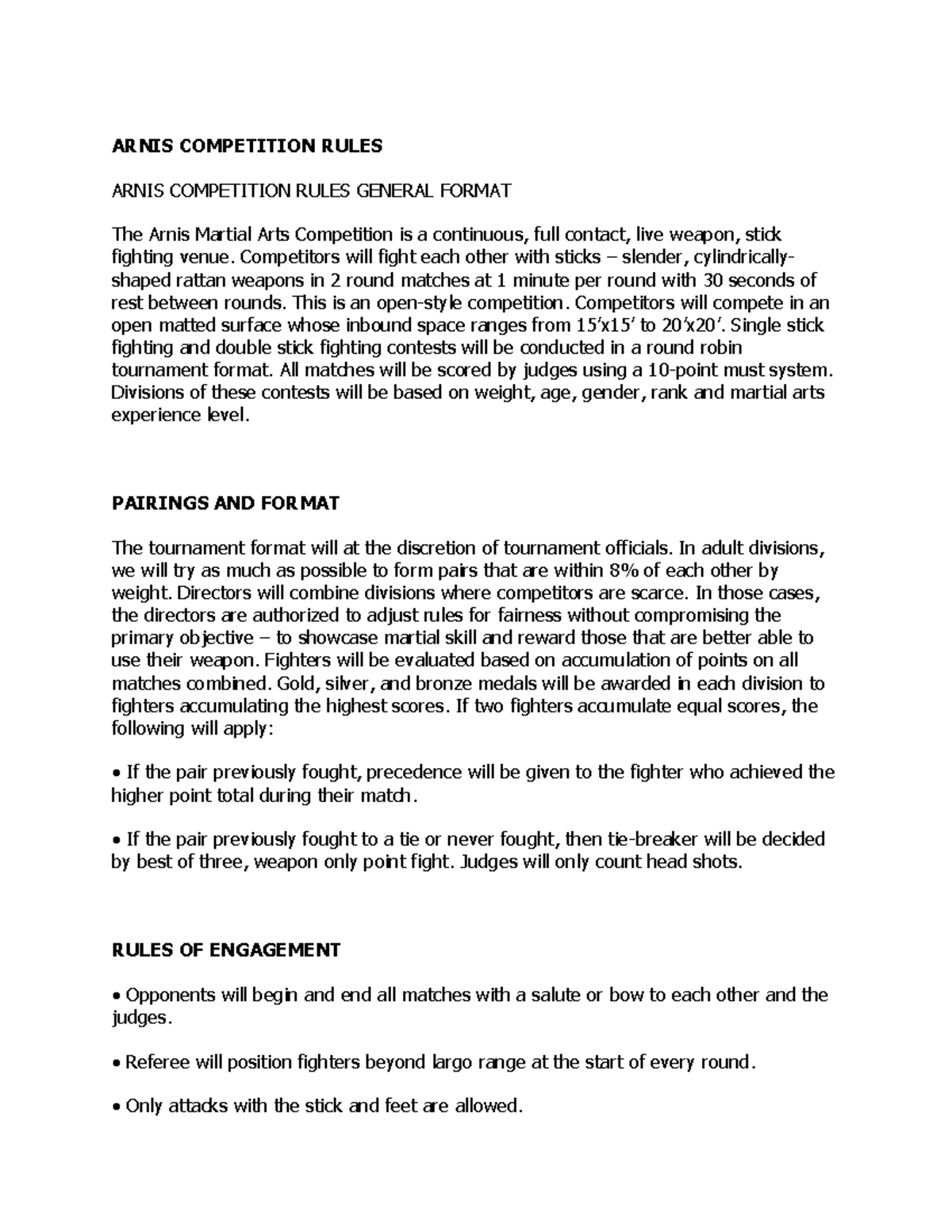 Rules and Regulations - ARNIS COMPETITION RULES ARNIS COMPETITION RULES ...