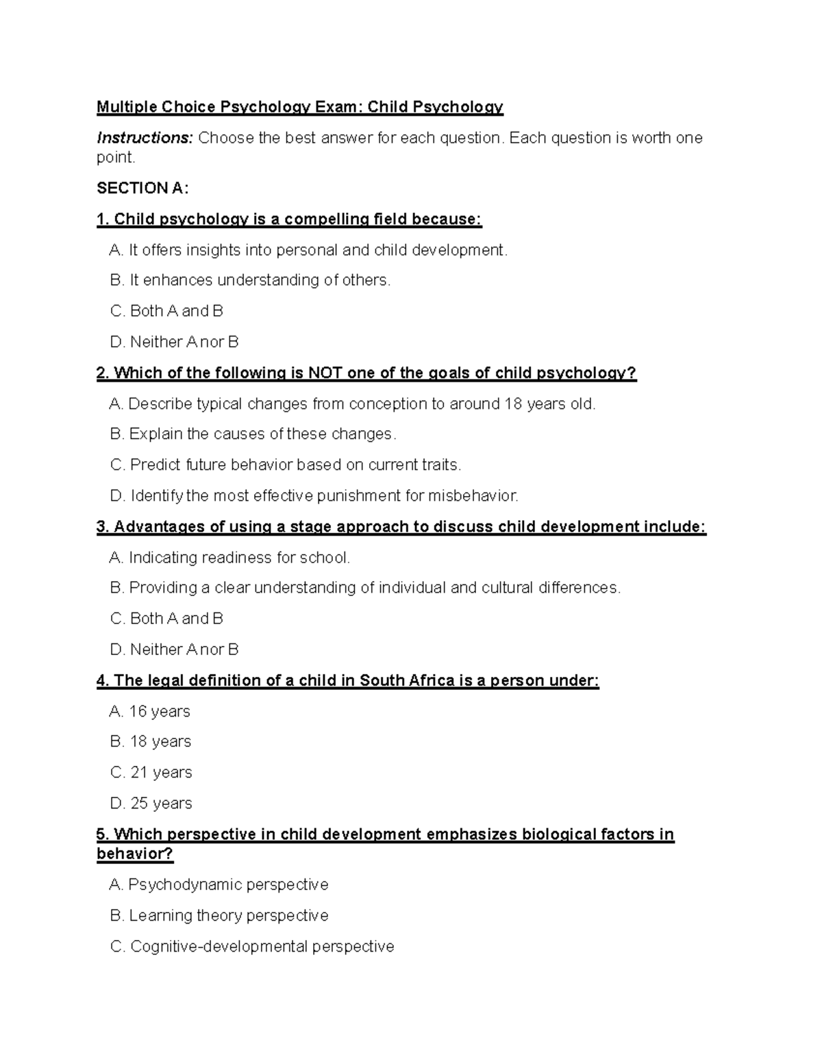 Mock up A1 exam psych 223 - Multiple Choice Psychology Exam: Child ...