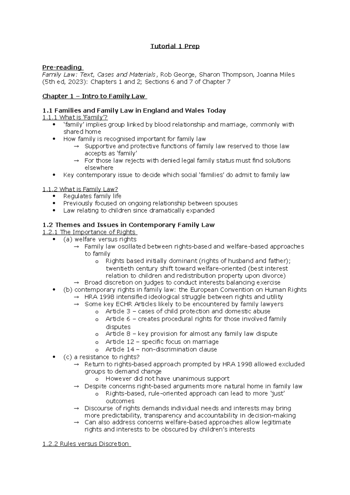 Tutorial 1 Textbook Reading - Tutorial 1 Prep Pre-reading Family Law: Text, Cases and Materials ...
